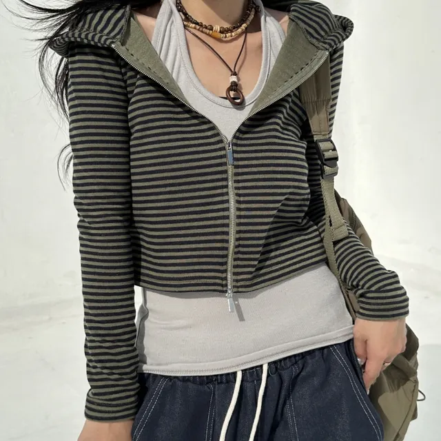 키미스 틴즈 y2k 스트라이프 투웨이 후드 크롭 집업(4color/3-5일 여유주문) - 위시버킷