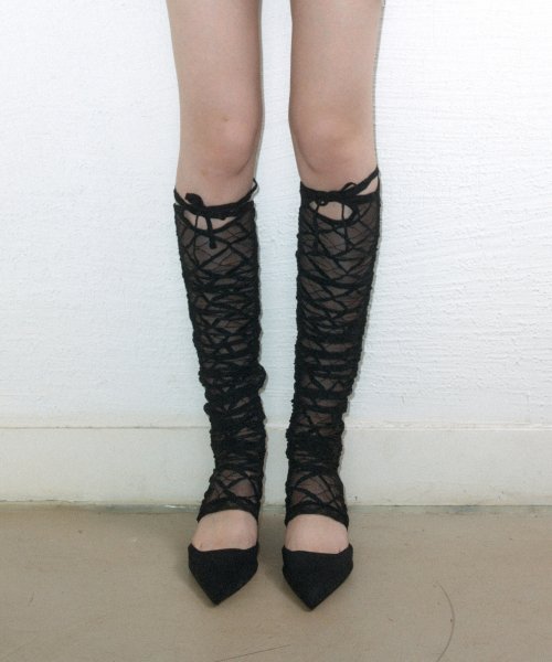 유즈 RIBBON POINT SHEER SHIRRING LEG WARMER SOCKS - BLACK LACE - 위시버킷