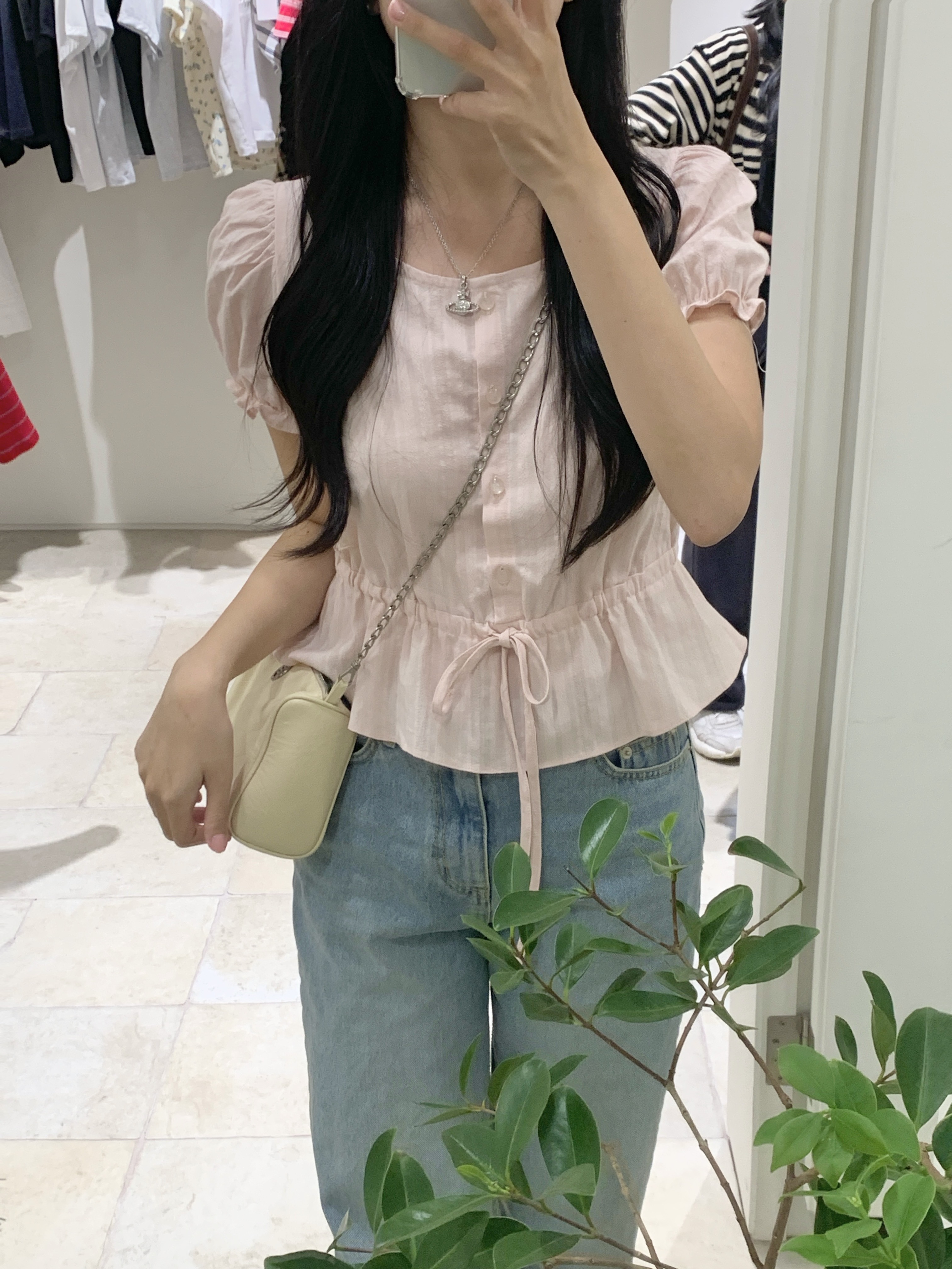 루앤메리 루앤메리 [🎀MADE/당일발송] 소르베 블라우스 (2col), 여성 허리끈 셔링 퍼프 반팔 블라우스 - 위시버킷