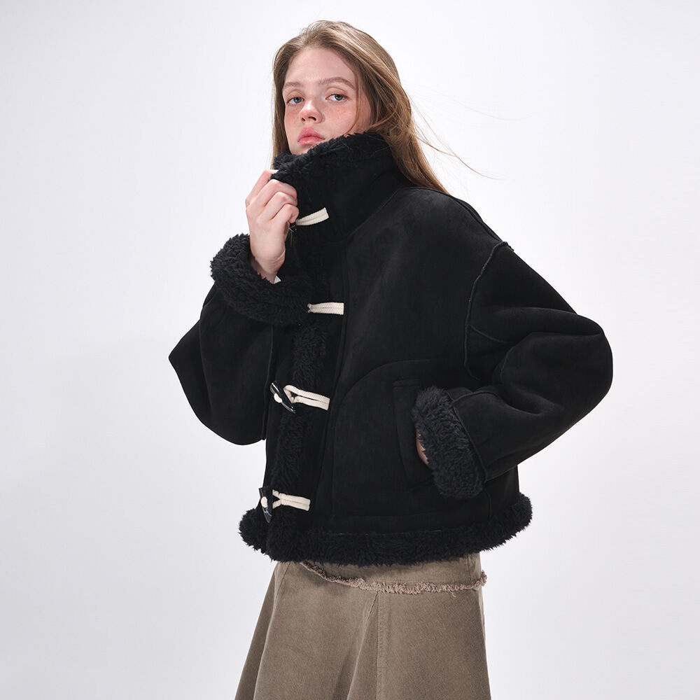 에트몽 High-Neck Suede Mustang Coat, Black - 위시버킷