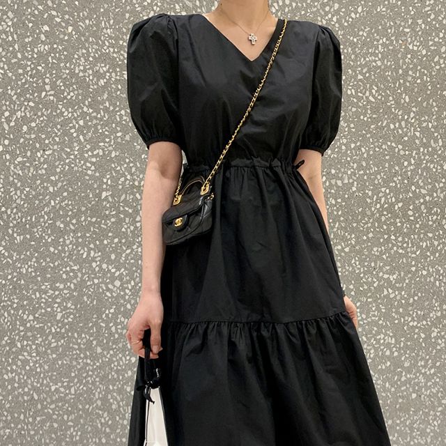 다미님 2컬러 브이넥 반팔 롱원피스 바스락 면 셔츠 캉캉 A라인 셔링 프릴 벌룬 퍼프 오버핏 빅사이즈 밴딩 스판 무지 캐주얼 공주 하객룩 결혼식 바캉스 스트링 스트랩