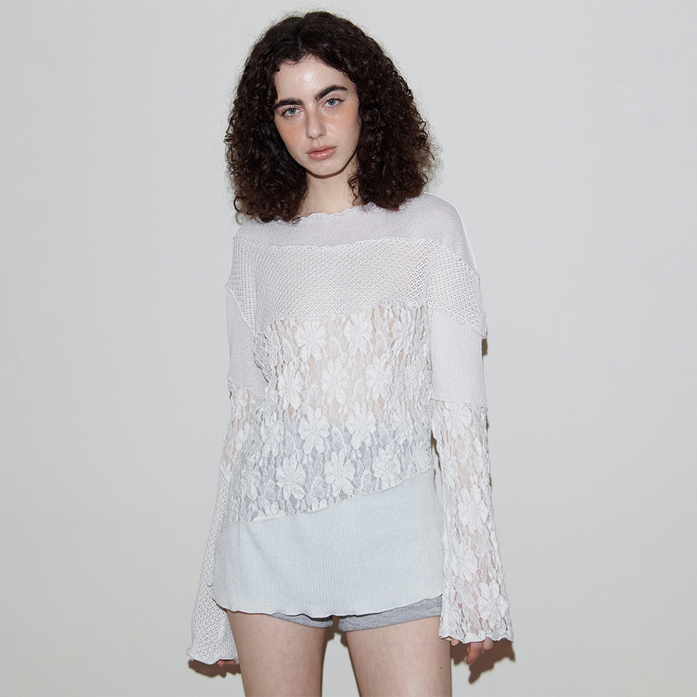 폴리수엠 FRAYED PATCHWORK SWEATER (WHITE) - 위시버킷