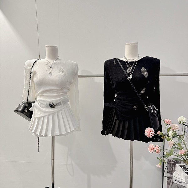 이프유마인 이프유마인 Y2k하이틴유니크 봄 엑시 슬림 시스루 보트넥 오프숄더 빈티지 데미지 구제 언발 컷팅 트임 레이어드 이너 무지 긴팔 크롭 롱 니트 티셔츠