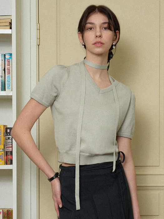 어다울 Pale v neck ribbon choker half knit - khakigrey - 위시버킷