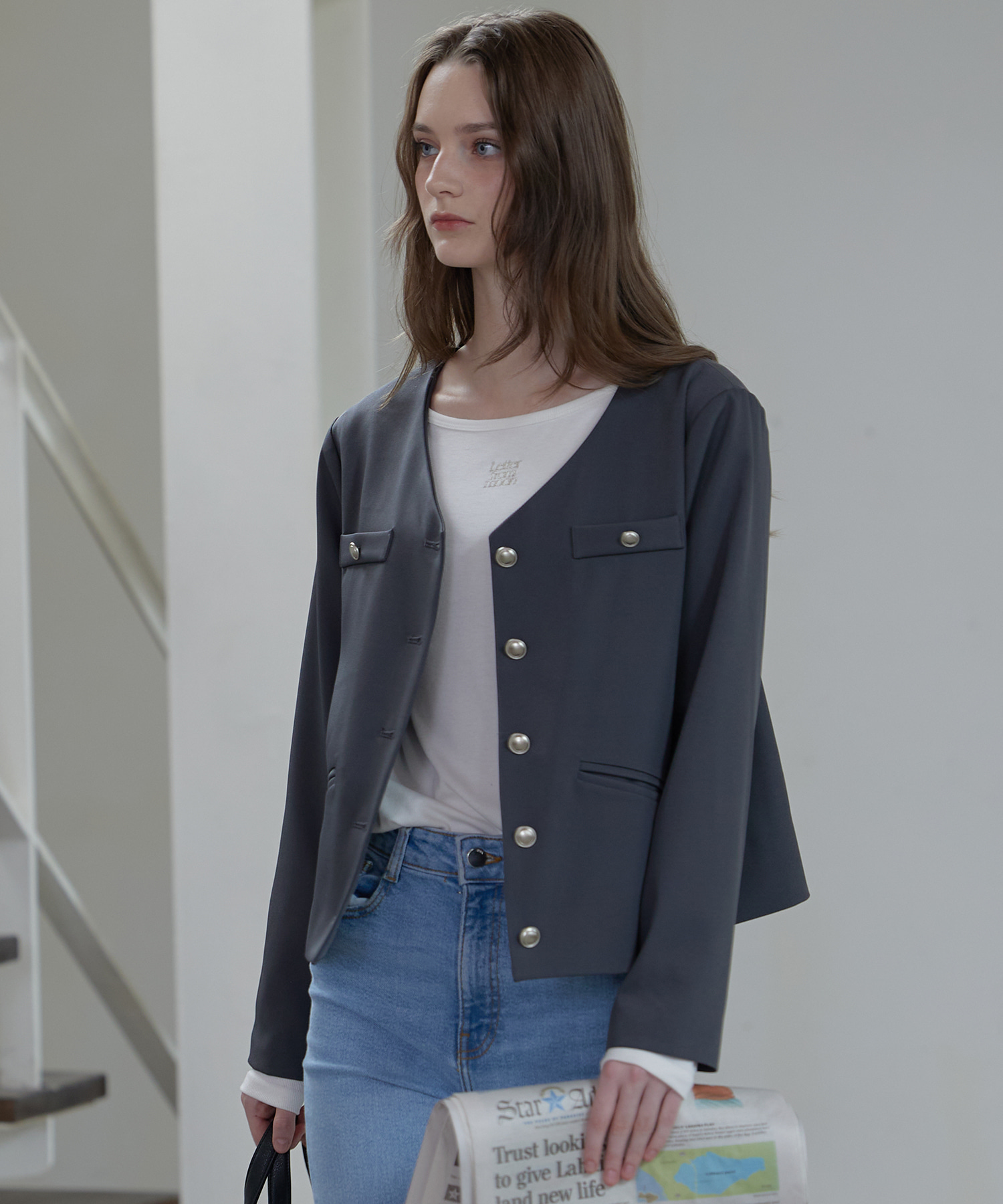 레터프롬문 V-neck Dusk No-collar Jacket ( Charcoal ) - 위시버킷