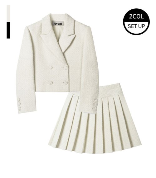 어반드레스 [SET] Daphne Tweed Double Button Crop Jacket & Pleated Skirt - 2COL - 위시버킷
