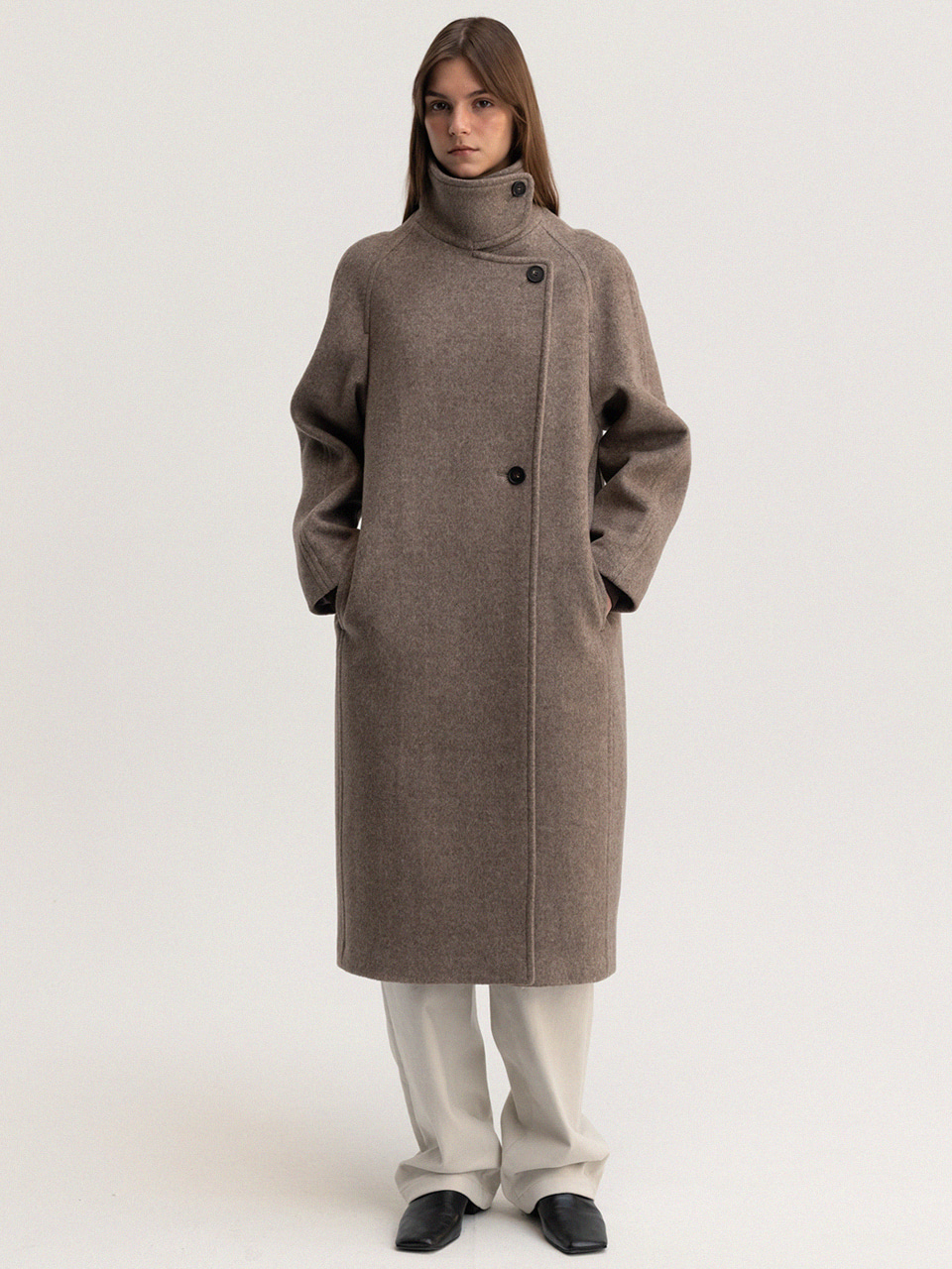 르 wool herringbone high-neck coat (mocha brown) - 위시버킷