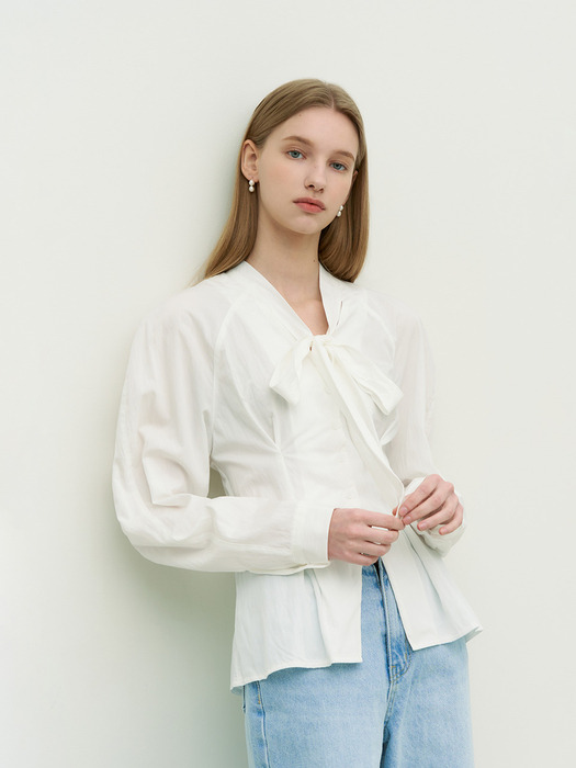 어다울 Ribbon tie pintuck puff blouse - white - 위시버킷