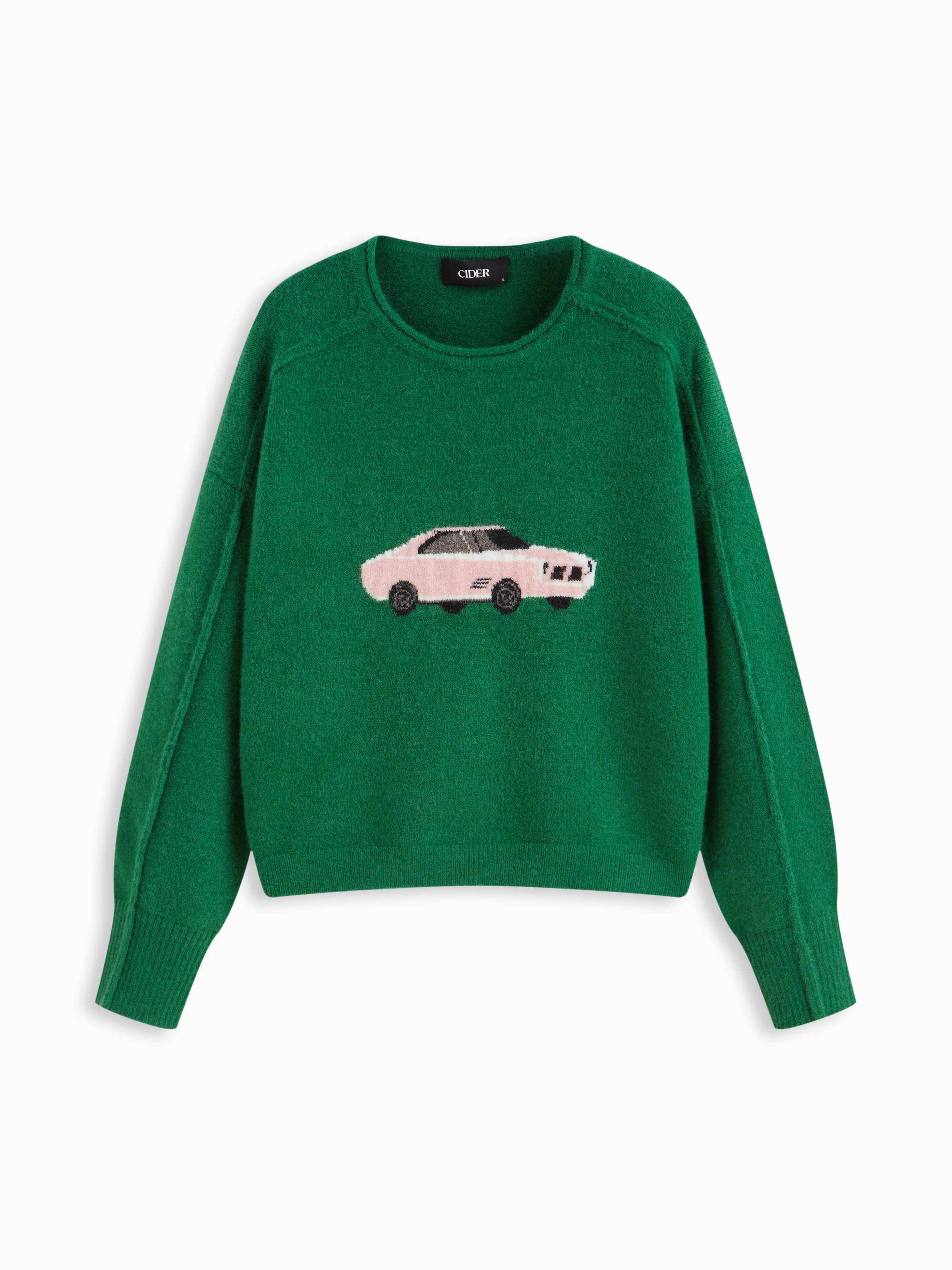 사이다 CIDER Knit Car Pattern Round Neck Side Split Sweater - 위시버킷