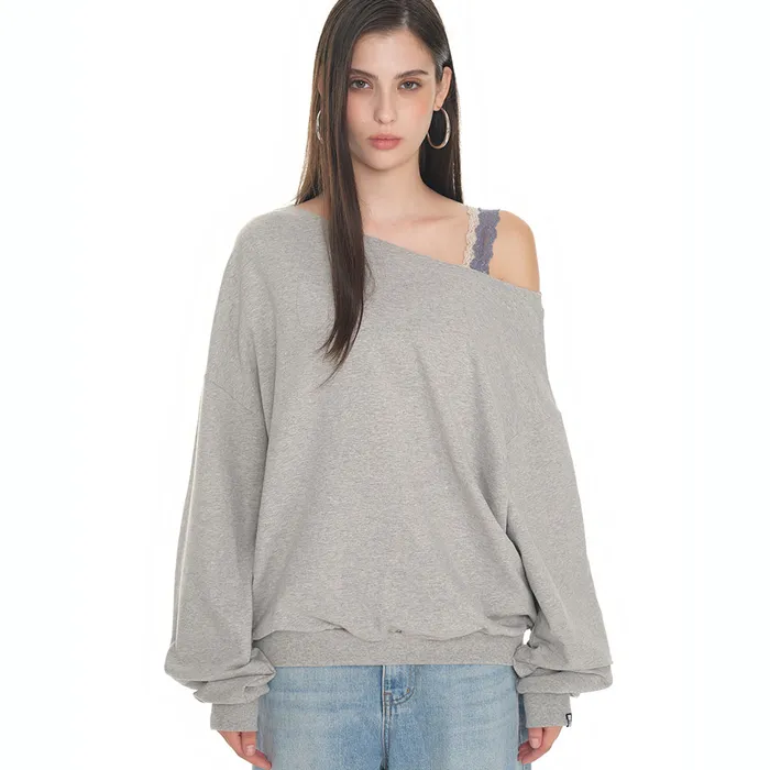 투머치택스 ASYMMETRIC ONE SHOULDER SWEATSHIRT (GREY) - 위시버킷