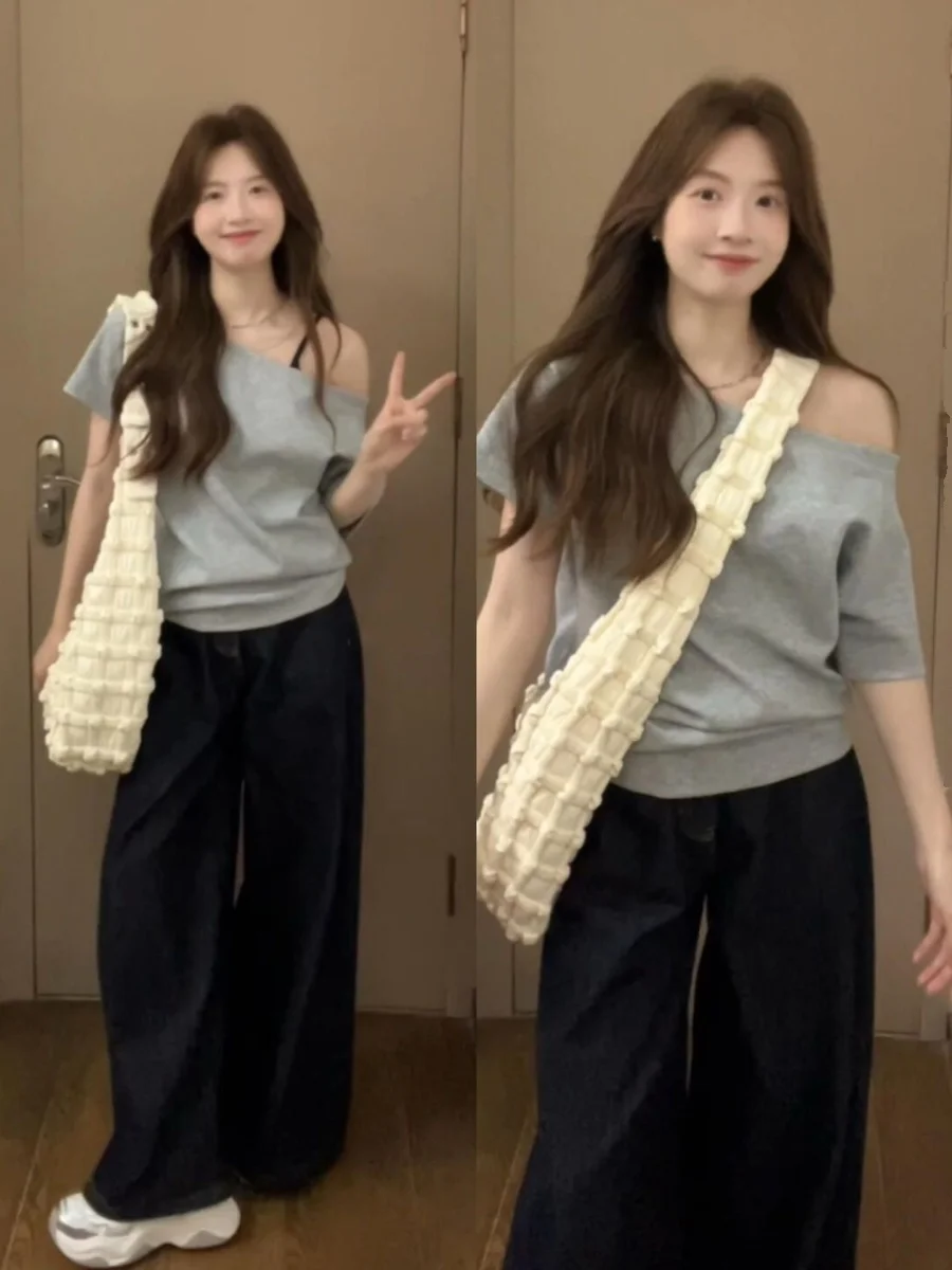 알리익스프레스 한국 스타일 여성 여름 티셔츠 반팔 크로스 바디 슬리밍 스위트 스파이시 탑 루즈 피트 틈새 디자인 감각 위시버킷