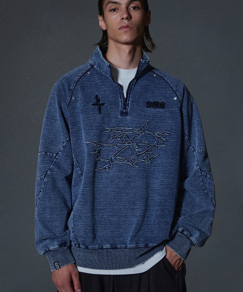 낫포너드 Cut Off Offshoot Logo High Neck Quarter Zip Up - Deep Blue - 위시버킷