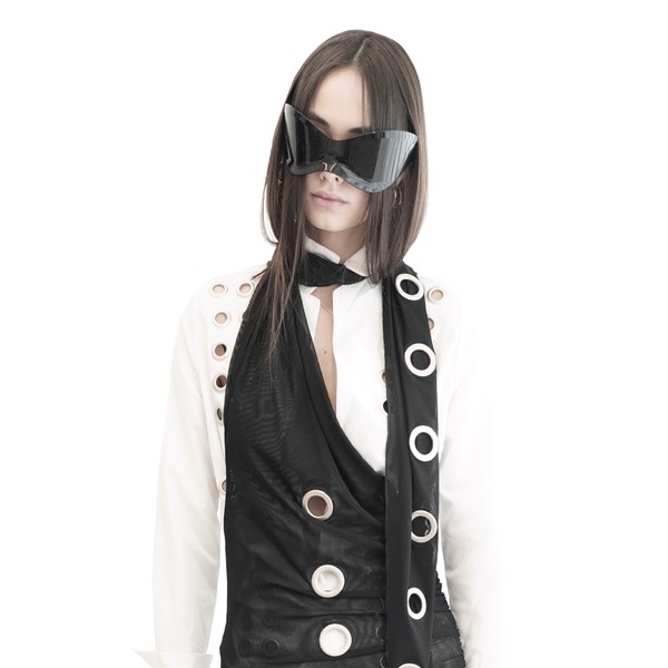 기묘 [WRKHLC] BIG EYELET SCARF LAYER MESH TOP - 위시버킷