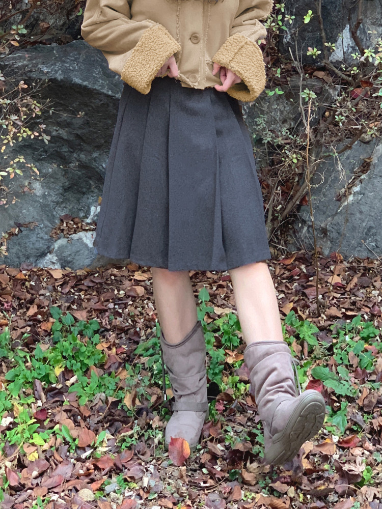 딥플럼 모직 미디 플리츠 스커트 (2col) - 위시버킷