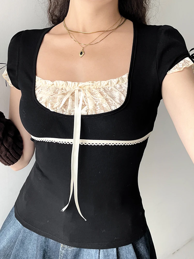 알리익스프레스 여성용 스위트 Y2k 콘트라스트 레이스 패치워크 티셔츠 스퀘어 칼라 블랙 반팔 기본 발레코어 귀여운 여름