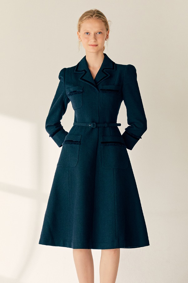 브라이드앤유 GWYNETH Velvet-trimmed tweed dress (Deep navy) - 위시버킷