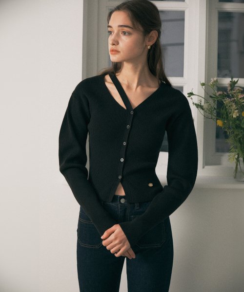 로라로라 CUT OUT VOLUME SLEEVE CARDIGAN BLACK - 위시버킷