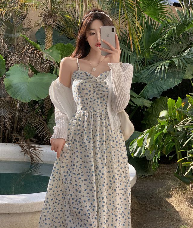 조이얼랏 당일출고 프렌치 플로럴 플라워 잔꽃 서스펜더 드레스 여성 여름 뷔스티에 민소매 롱 원피스 가디건 위시버킷