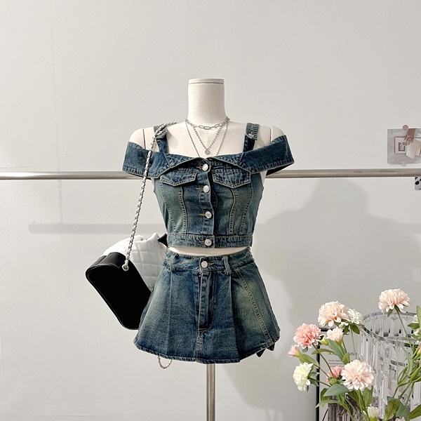 이프유마인 자켓스커트set하이틴 여름 머큐리 워싱 데님 청 스트랩 오프숄더 크롭 반팔 자켓 블라우스 A라인 플레어 플리츠 미니 스커트 투피스 세트 위시버킷