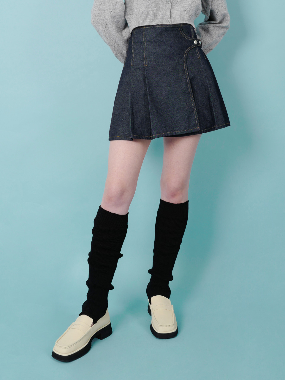 모메벤 denim pleats lap skirt - 위시버킷