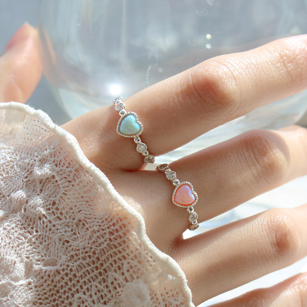 47베이지 925실버 오팔 원석 하트 큐빅 은반지 (2color), 버블리 - 위시버킷