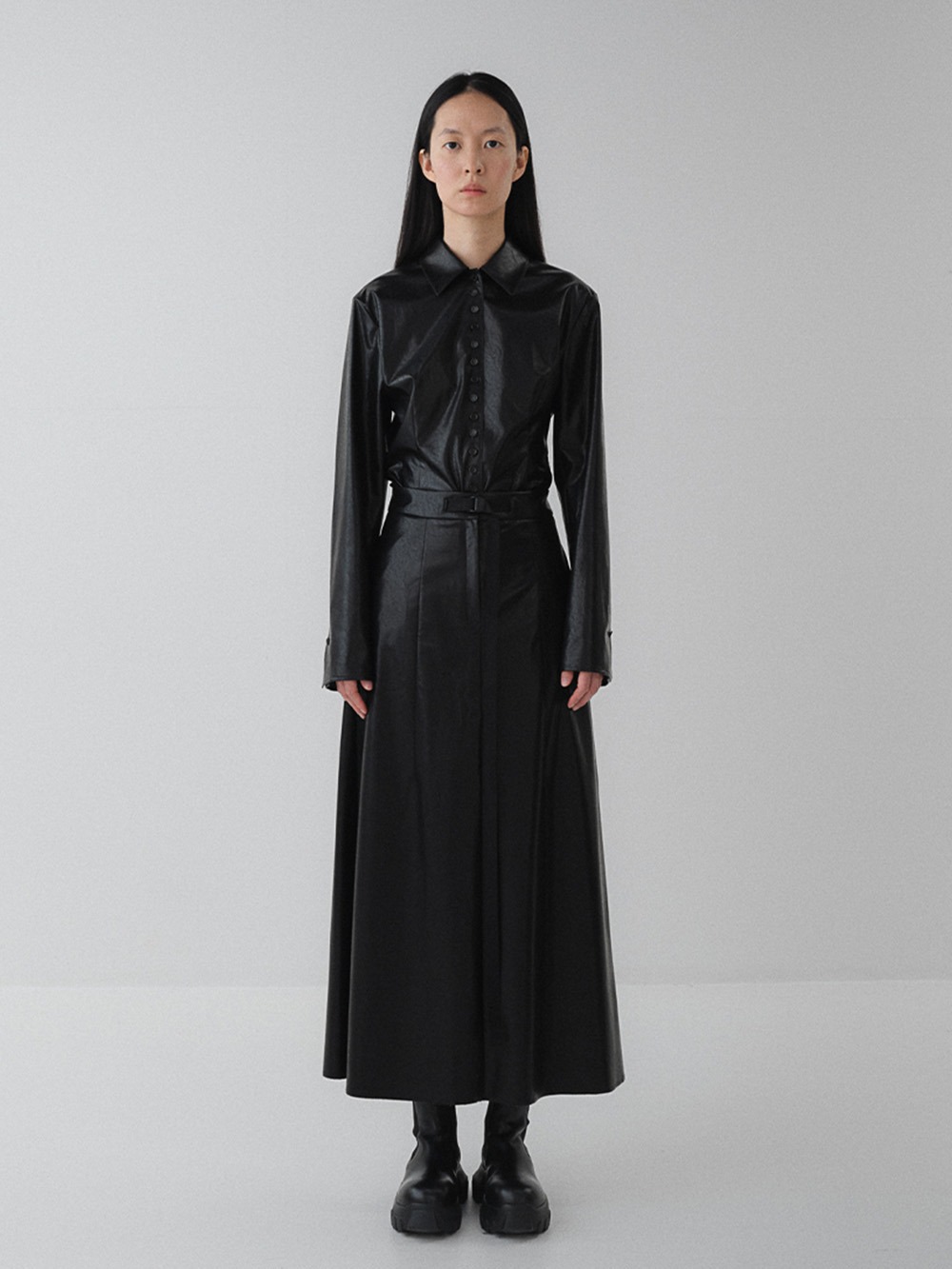 부희 TABITHA LONG ECO LEATHER SKIRT (BLACK) - 위시버킷