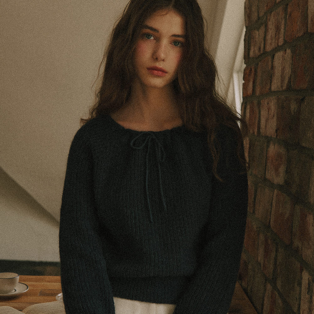 론론 RIBBON STRING BOW MOHAIR KNIT NAVY - 위시버킷