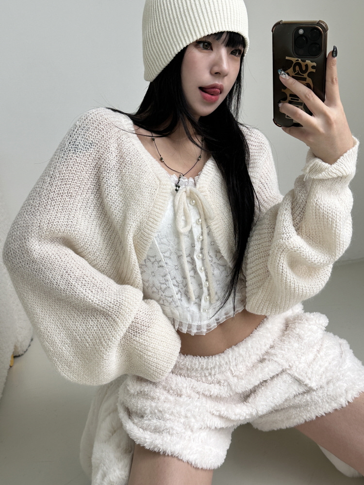 키미스 [알파카+울!]러블리 크림 데이 루즈 리본 스트랩 볼레로 가디건(5color) - 위시버킷