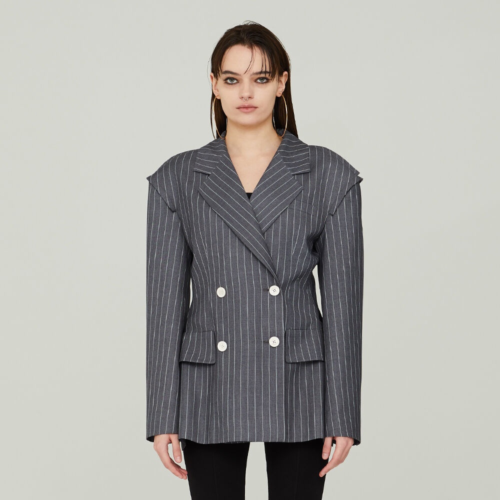 강자매 STRIPED BACKLESS JACKET-GRAY - 위시버킷