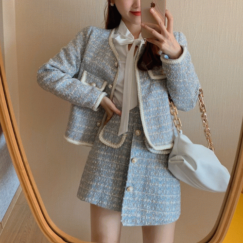 위드포에버 최저가주문폭주하객룩 페미닌 러블리 화이트펄 버튼 진주 트위드 자켓 언발 포켓 A라인 트위드 스커트 투피스 셋업 트위드룩 트위드자켓 트위드스커트 하객룩