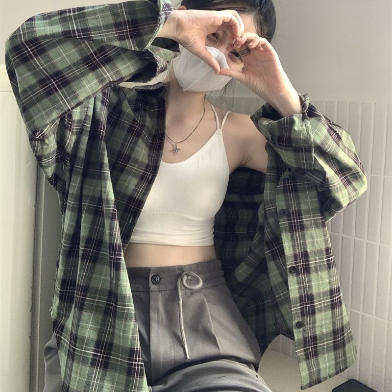 Qweek 여성용 빈티지 격자 무늬 셔츠 한국 패션 오버사이즈 블라우스 긴팔 녹색 상의 여성 스트리트웨어 버튼 업 하라주쿠 위시버킷
