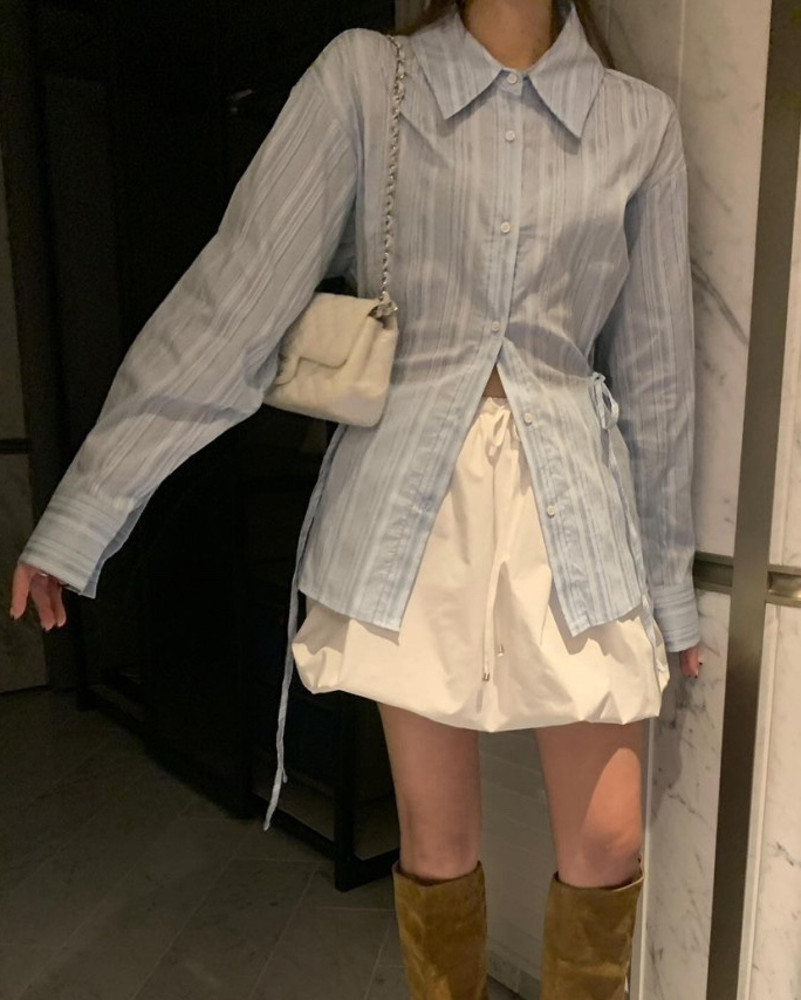 누시페라 (강추) 소라당일/ Poster 포스터 메모 셔츠 스트라이프 허리 리본 롱 긴팔 남방(2col) : 누시페라 Nucifera - 위시버킷