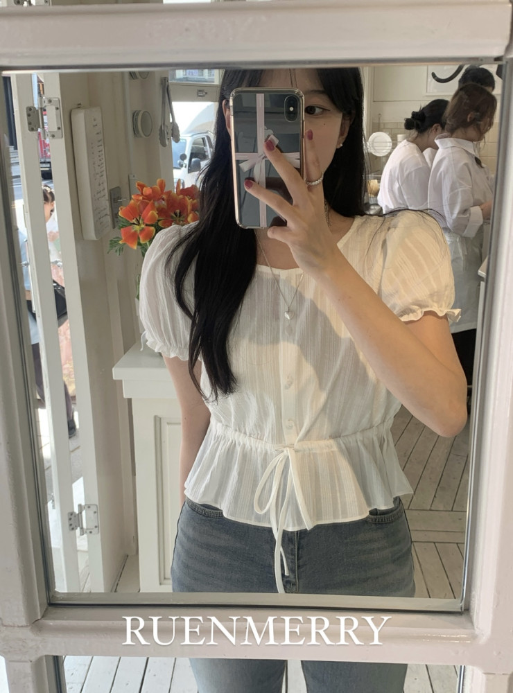 루앤메리 [MADE/2nd] 소르베 블라우스 (2col), 여성 허리끈 셔링 퍼프 반팔 블라우스 - 위시버킷