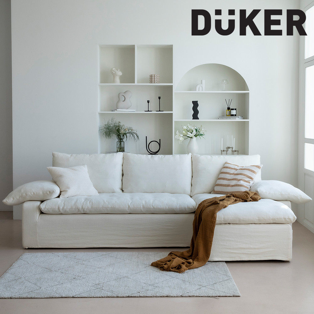 듀커소파 1+1커버 증정 DK098 카우치 4인 크림 아이보리 워셔블+풀커버링 린넨 구스다운 패브릭 소파 - 위시버킷
