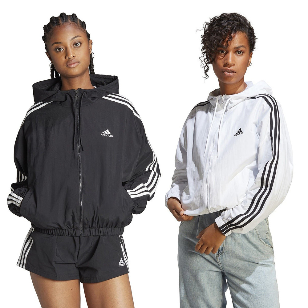 아디다스 아디다스 에센셜 3S 우븐 윈드브레이커 바람막이 자켓 크롭 후드집업 숏 자켓 여성 - 위시버킷