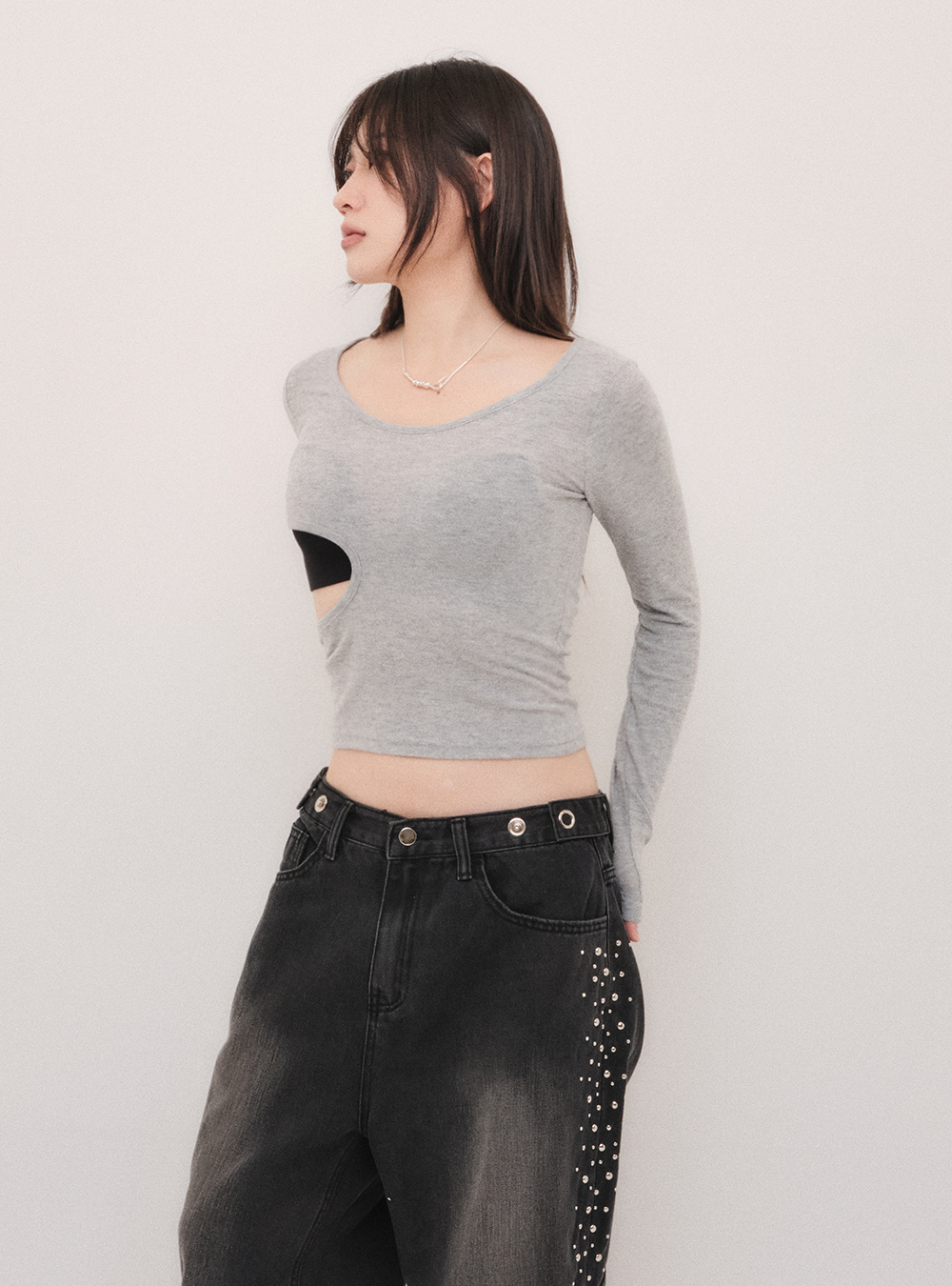 오리지널 오르가즘 side circle cutting top (grey) - 위시버킷