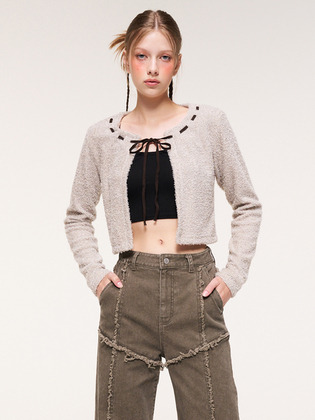 에트몽 Stitch Ribbon Cardigan, Ash Beige - 위시버킷