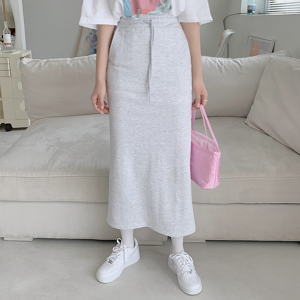 포에이엠 [3col]롱 H라인 일자 트임 밴딩 고무줄 츄리닝 트레이닝 치마 스커트 - 위시버킷