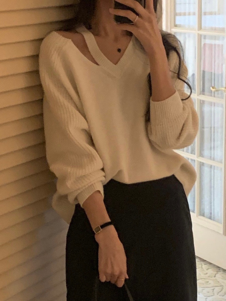 베르가못 아이 당일 / 베르가못 트임 브이넥 니트 폭스 울 긴팔 페미닌 nt (4col) - 위시버킷