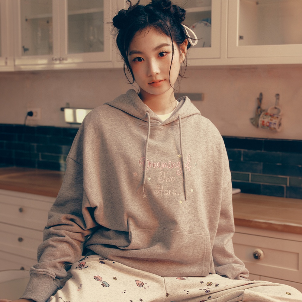 유희 YOUHEE YOUHEE X LITTLE TWIN STAR LETTERING HOODIE MELANGE GREY - 위시버킷