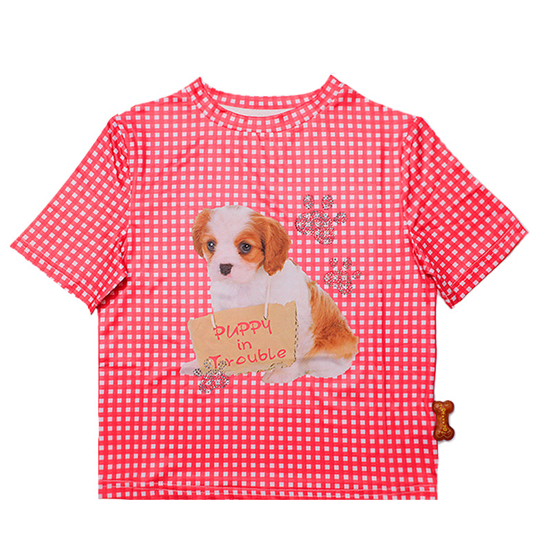 해시태그디디디 Red White Checkered Dog Short Sleeve T-Shirt - 위시버킷