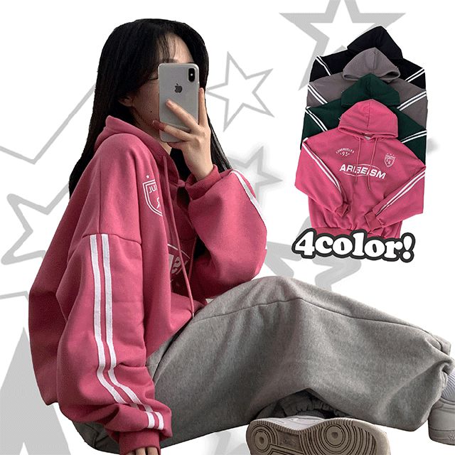 더핑크샵 [Y2K/왕따뜻] 다뮤 레터링 배색 오버핏 기모 후드티 (4color) [키작녀/블록코어/유니크룩/아방핏] - 위시버킷