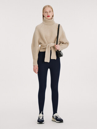 렉토 CHUNKY WOOL ROLL NECK CROPPED BELTED SWEATER, BEIGE - 위시버킷