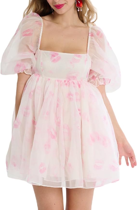 Women Puff Tulle Princess Mini Dress Fairy Square Neck Short Dress Cute ...