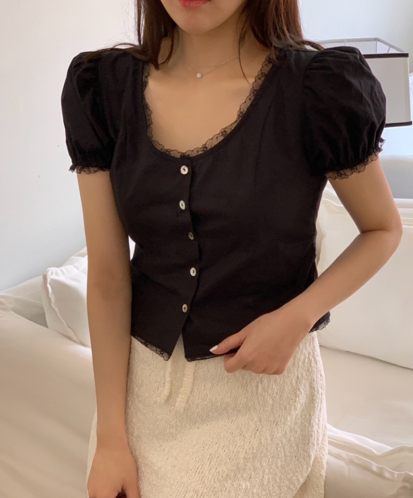 누시페라 화당일/ miel 미엘 로레타 블라우스 크롭 레이스 반팔 라운드넥 bl(3col) - 위시버킷