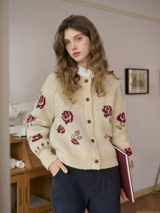 심플레트로 SR_Rose jacquard knitted cardigan_2color - 위시버킷