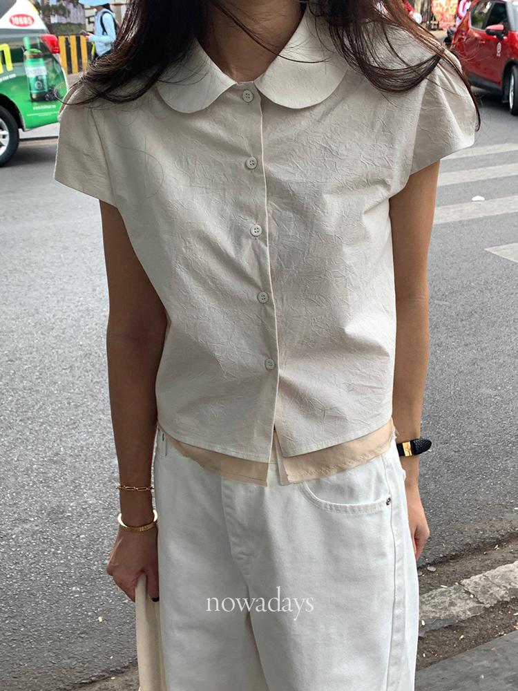 나우어데이즈 나우어데이즈 underson 언더슨 크리즈 블라우스 코튼 카라 캡소매 레이어드 크롭 bl (2col) - 위시버킷