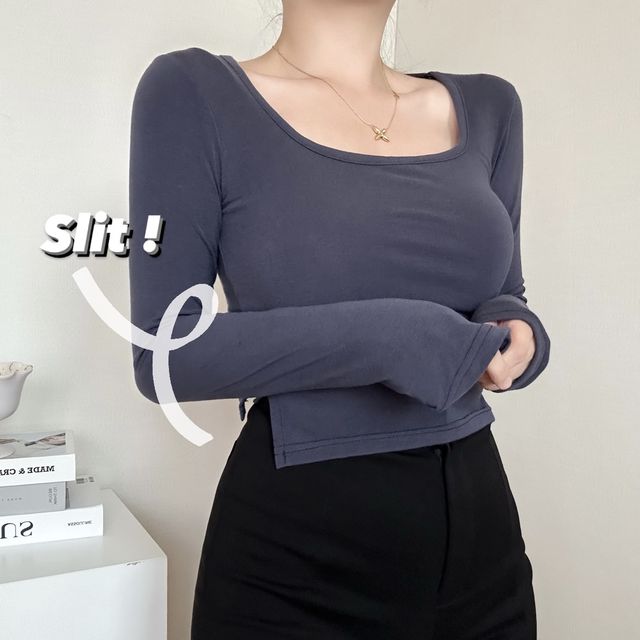 리틀페어리 갓성비 양옆트임부들스판 섹시힙 스퀘어넥 긴팔 크롭 슬릿 스판 레이온 기본 레이어드 이너 티셔츠 4col리틀페어리가을신상 간절기 위시버킷