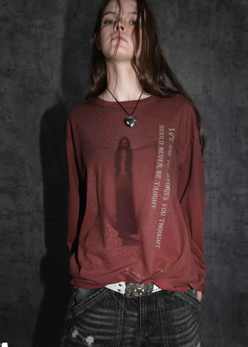 COR DoublePunch Basic Round Neck Printed Distressed Long Sleeve - 위시버킷