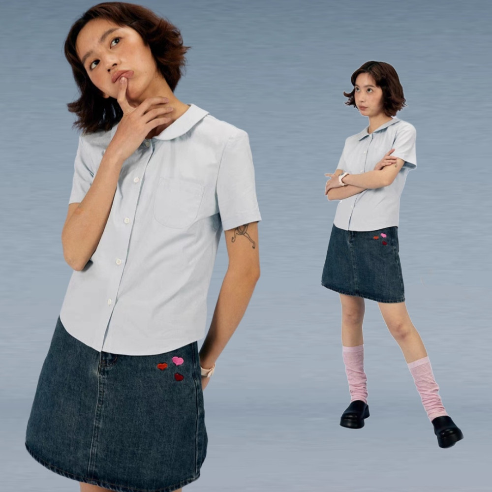 UNRETRO UNRETRO 하늘색 반팔 바스락 셔츠 블라우스 - 위시버킷